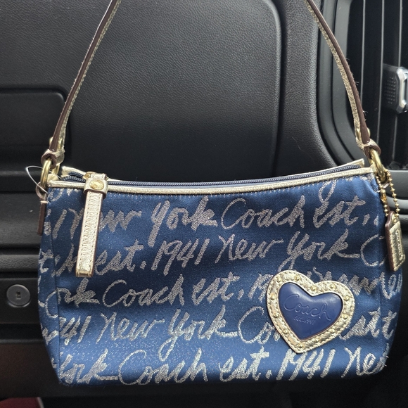 Coach | Bags | Coach Navy And Gold Script Shoulder Bag | Poshmark